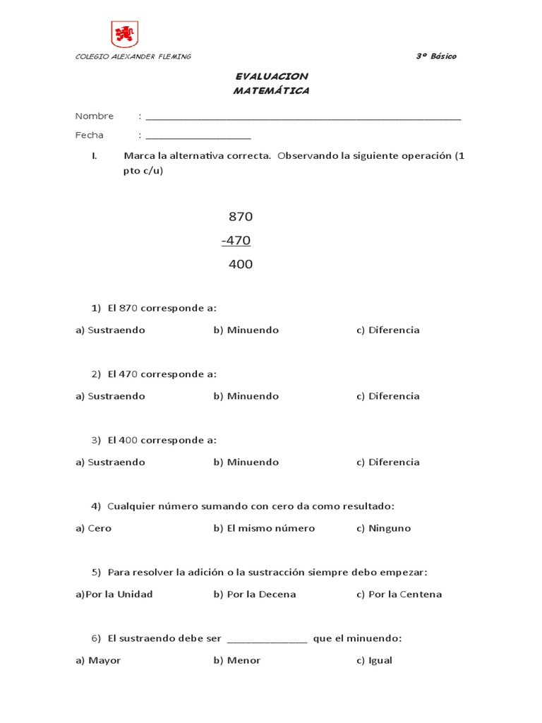 Prueba de Matematicas 3º Basico Sumas | PDF | Sustracción | Notación