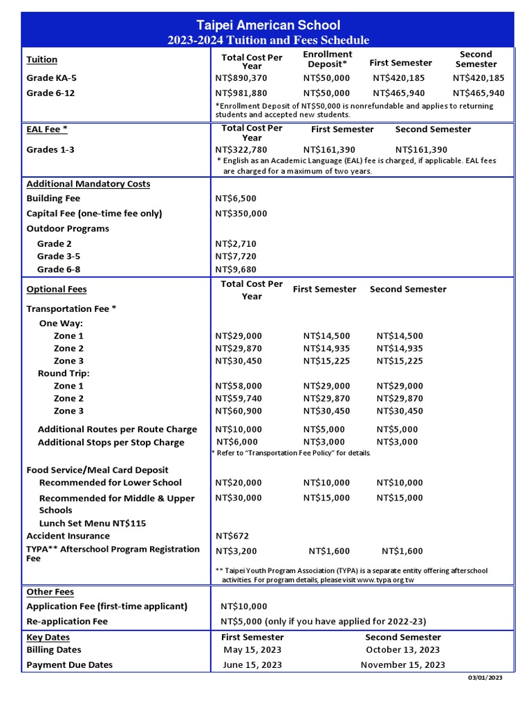 Taipei American School 2023-2024 Fees | PDF | Fee | Tuition Payments