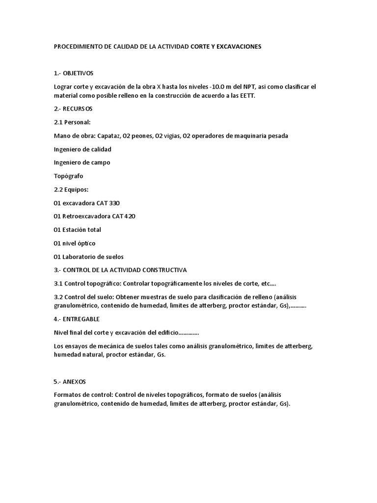Procedimiento de Calidad de La Actividad Corte y Excavaciones | PDF