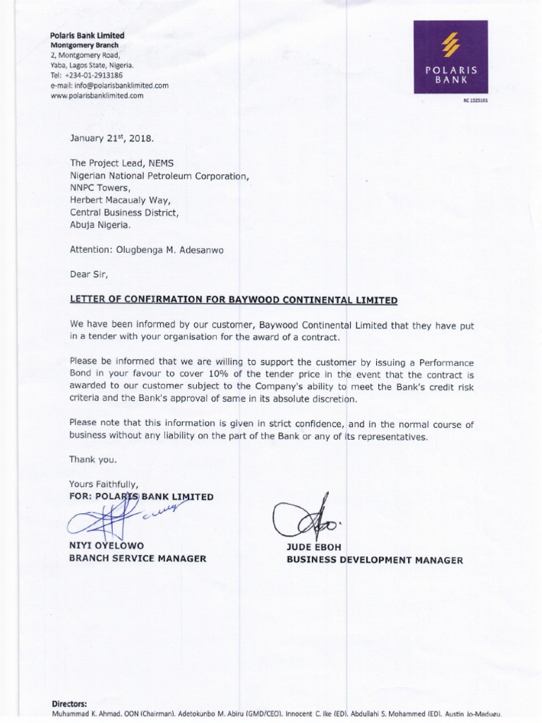 Sec 1.1a - Letter of Confirmation of Performance Bond | PDF