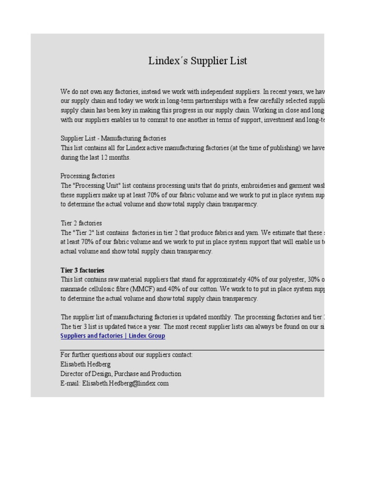 Lindex Supplier List Overview | PDF | Supply Chain | Fashion
