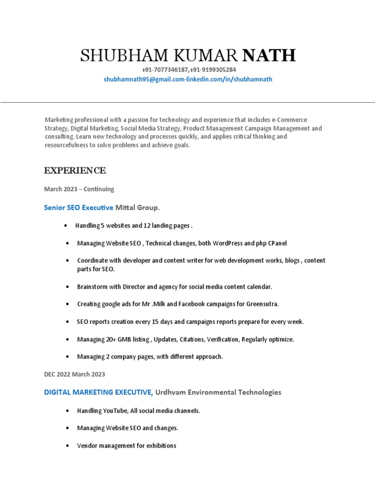 Shubham Nath Updated Resume | PDF | Search Engine Optimization | Search Engine Marketing