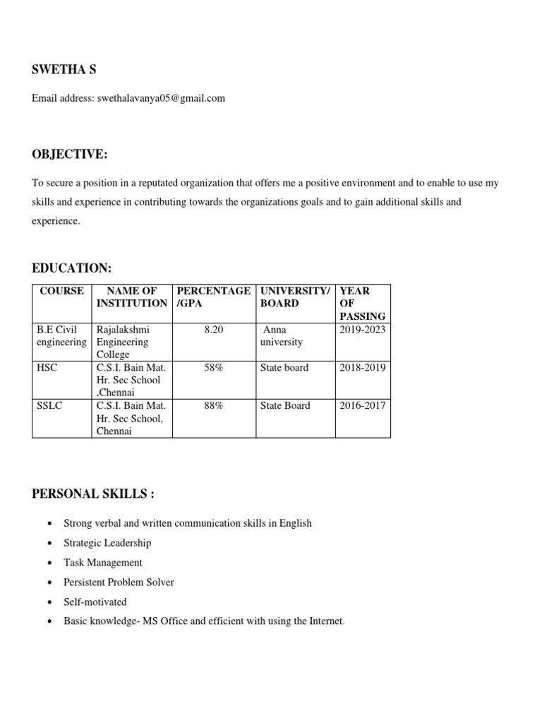 Resume - Swetha - S - SWETHA S | PDF | Concrete