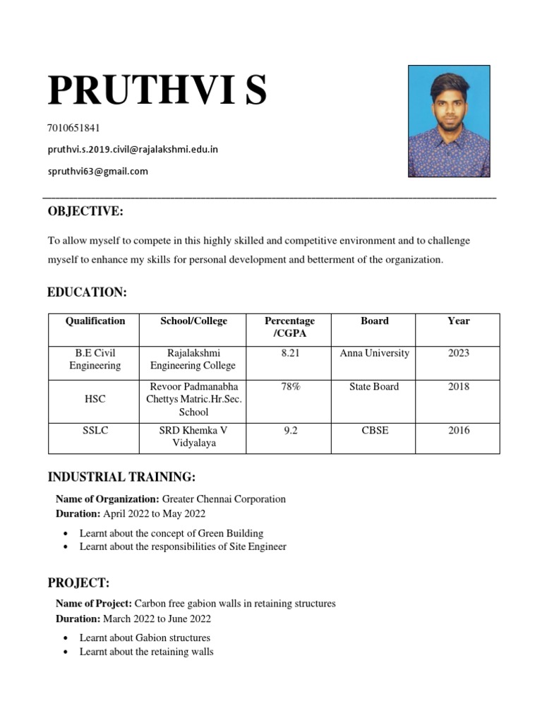 Pruthvi - B.E - PRUTHVI S.Civil - Rajalakshmi Engineering College | PDF