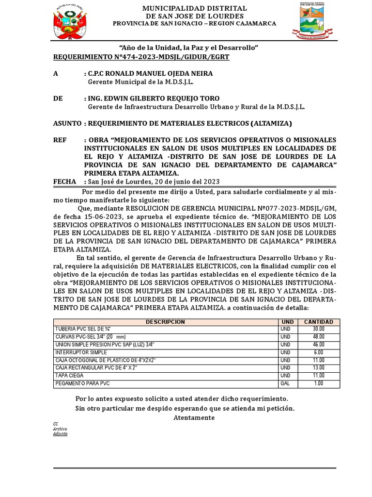 Requerimiento N°474 - 2023 - Req de Materiales Electricos para Altamiza | PDF | Materiales de ...