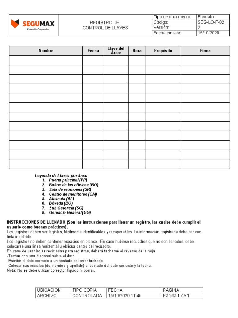 Registro de Control de Llaves. | PDF