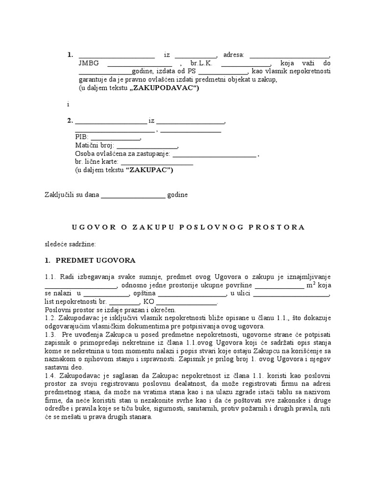 Ugovor o Zakupu Poslovnog Prostora | PDF