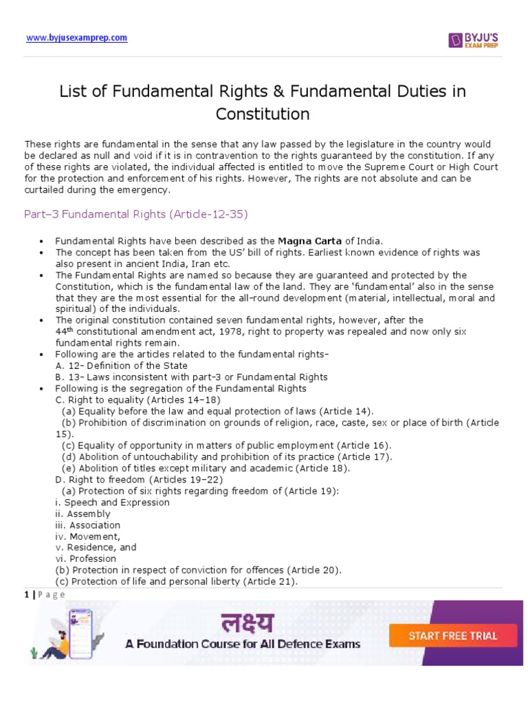 List of Fundamental Rights Fundamental Duties in Constitution ...