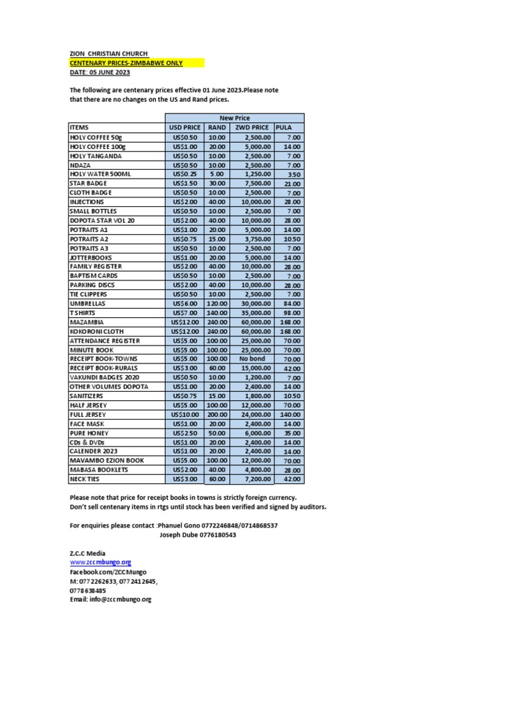 Zimbabwe Centenary Prices Effective 01 June 2023 | PDF | Cooking, Food & Wine