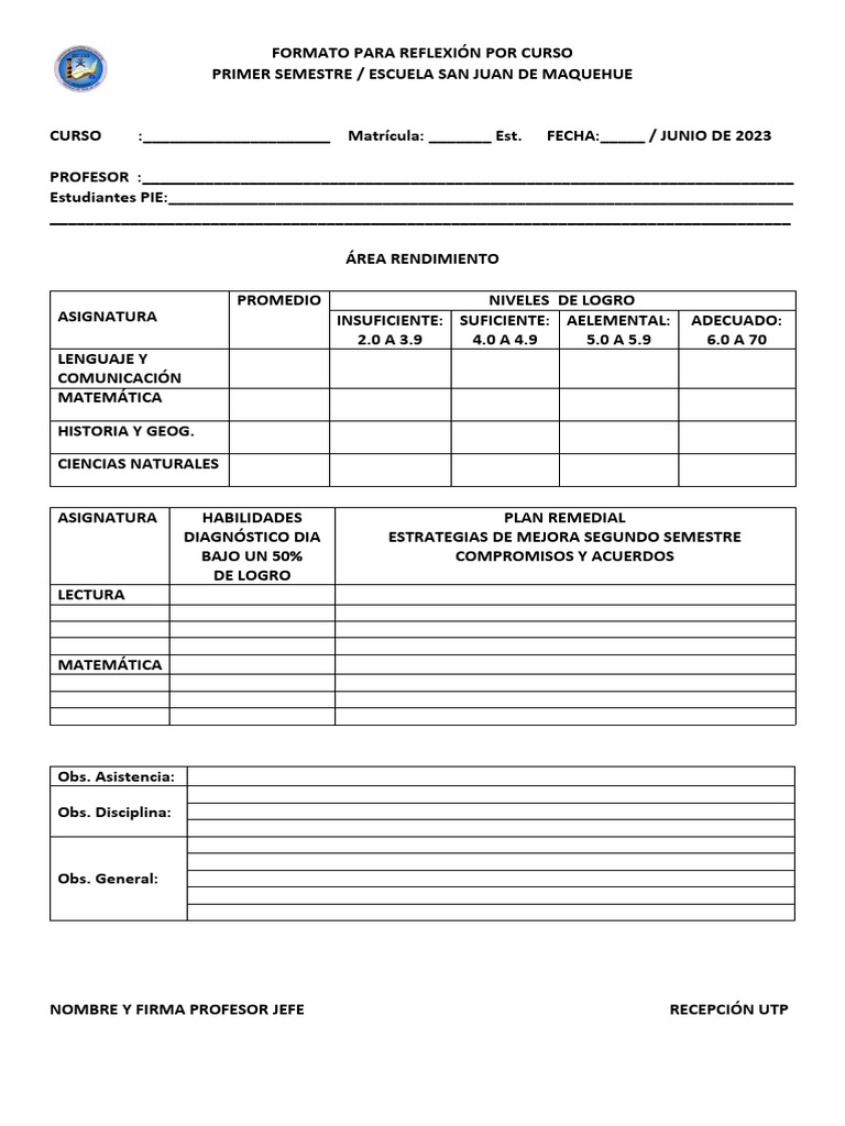Formato para Reflexión Por Curso Segundo Semestre | PDF