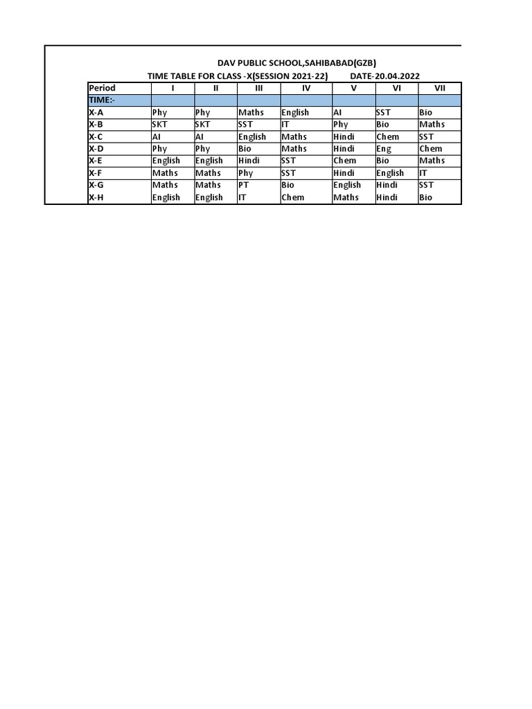 DAV Public School Class X Timetable 2022 | PDF