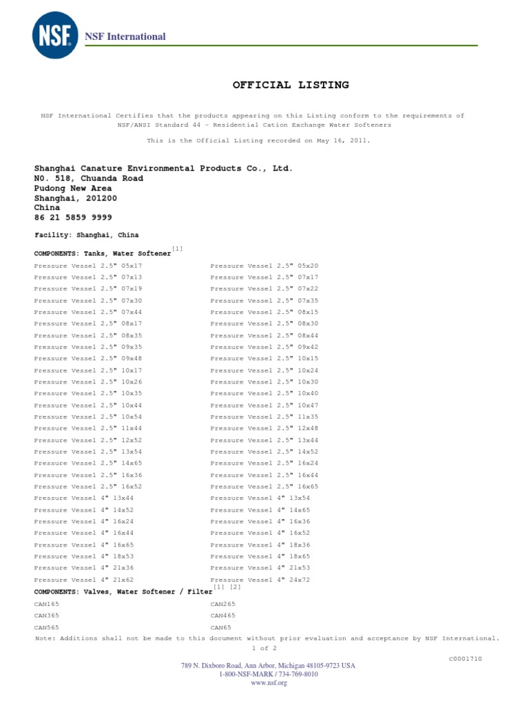 Certificado NSF | PDF | Hydraulics | Equipment