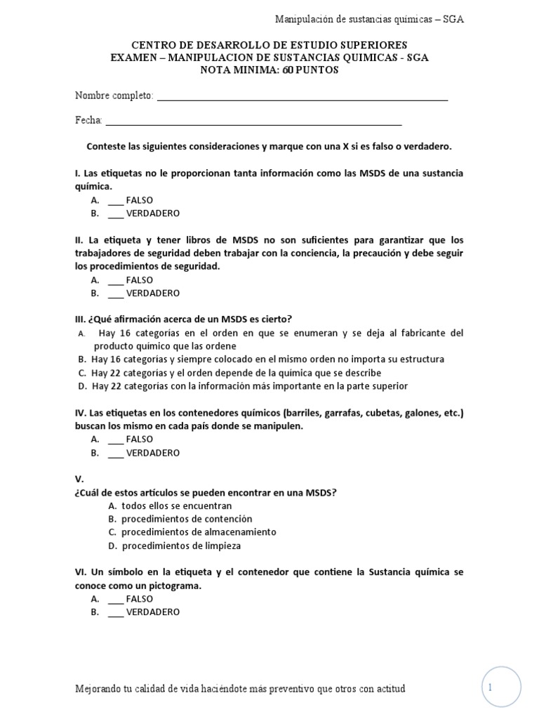 EXAMEN DE MANEJO DE SUSTANCIAS QUIMICAS SGA y Plaguoicidas 2022 | PDF ... EXAMEN DE MANEJO DE SUSTANCIAS QUIMICAS SGA y Plaguoicidas 2022 | PDF ...