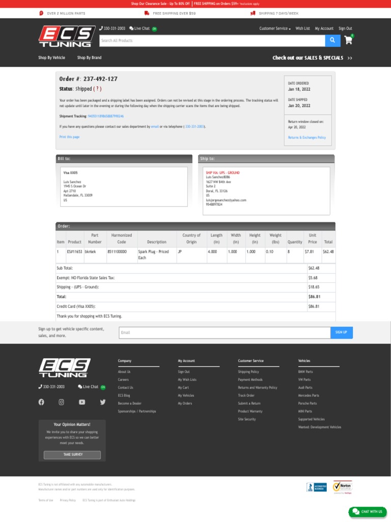 ECS Tuning - Order Receipt #237492127 | PDF | Volkswagen | Business