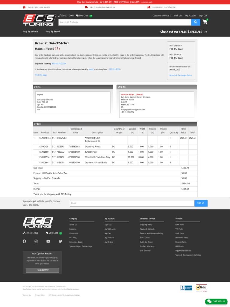 ECS Tuning - Order Receipt #366324361 | PDF | Automotive Industry | Car