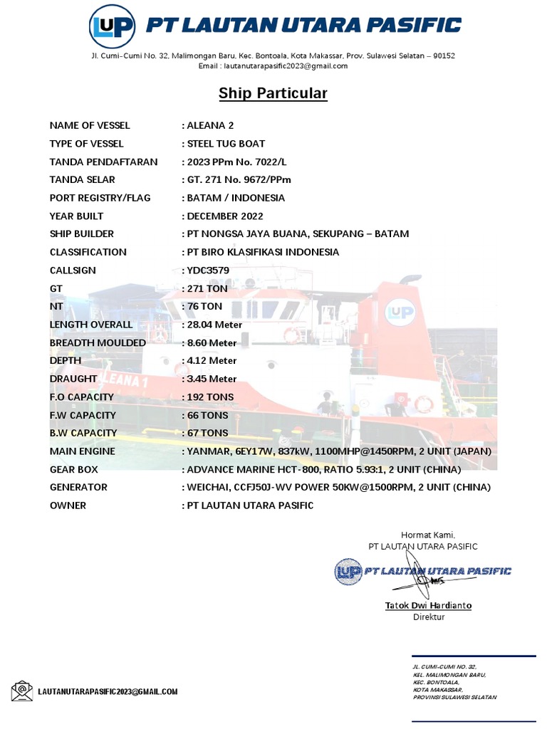 Tug Boat Particular: Aleana 2 Details | PDF | Water Transport | Watercraft