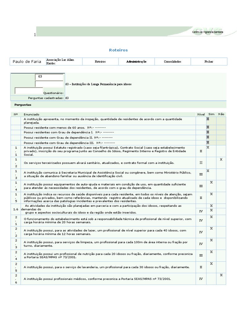 Roteiro Ilpi 2 | Download grátis PDF | Enfermagem | Instituição