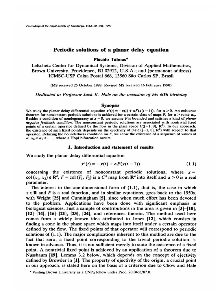 Táboas, P. (1990) - Periodic Solutions of A Planar Delay Equation. | Download Free PDF ...