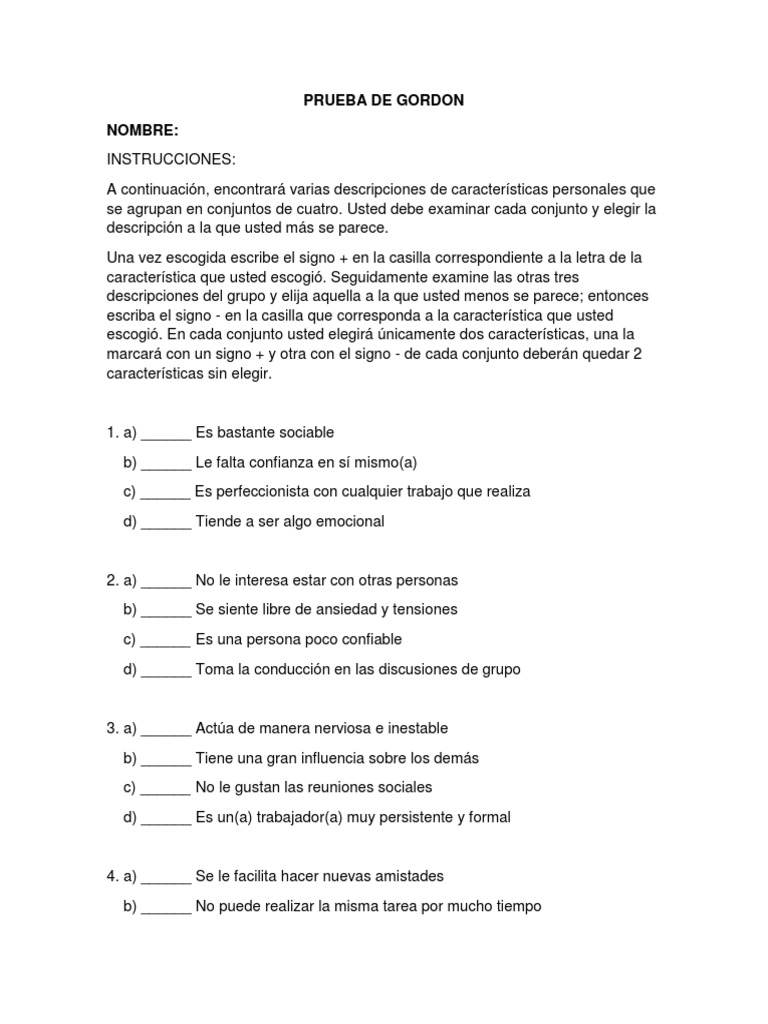Cuestionario de Gordon | PDF