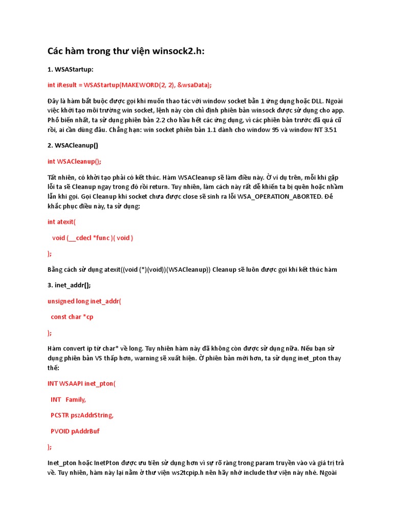 Các hàm trong thư viện winsock2 | PDF