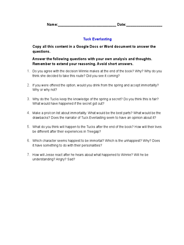 Tuck Everlasting Chapter Analysis Questions | PDF