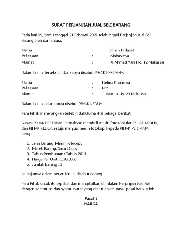 Surat Perjanjian Jual Beli Barang | PDF Surat Perjanjian Jual Beli Barang | PDF