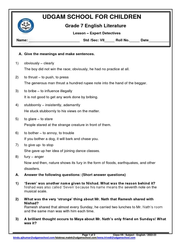 Udgam School For Children: Grade 7 English Literature | PDF