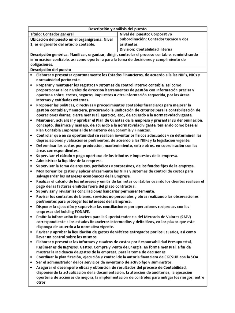 Descripción y Análisis Del Puesto de (Contador General) | PDF ...