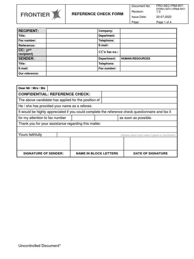 Fro Sec FRM 007 E - Reference Check Form | PDF | Human Communication
