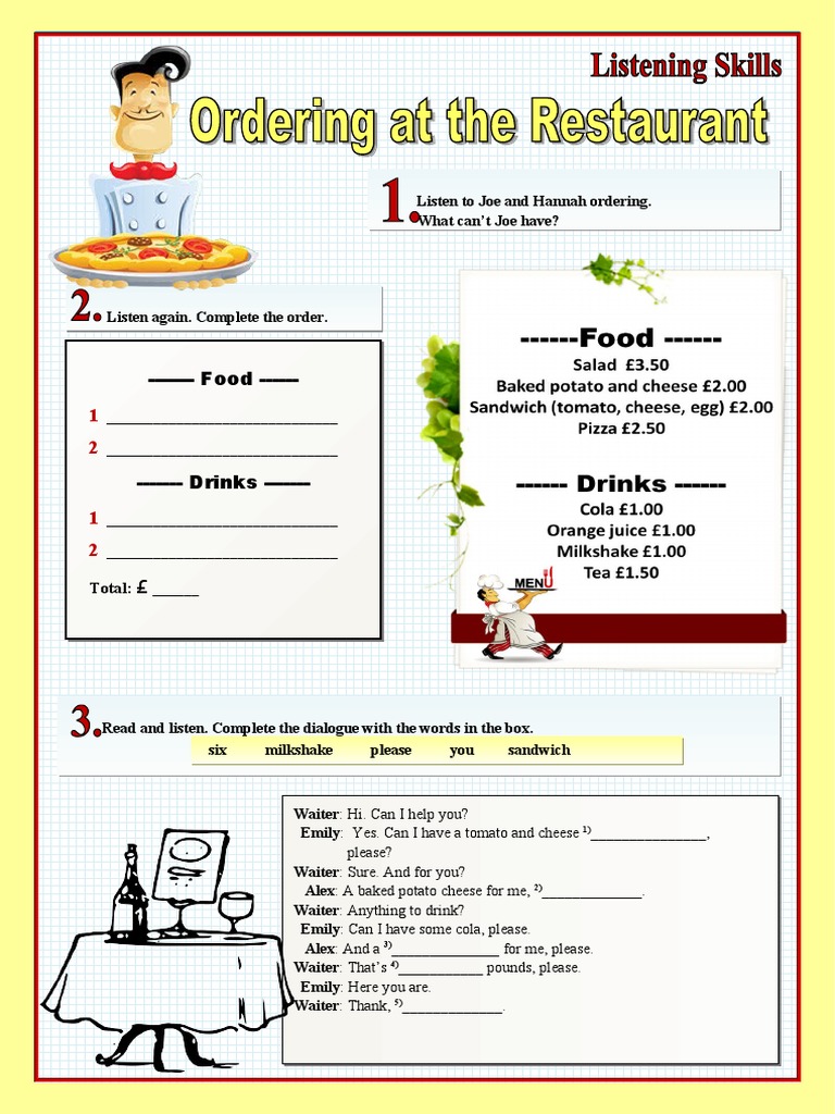 Listening Ordering at A Restaurant Conversation Topics Dialogs ...