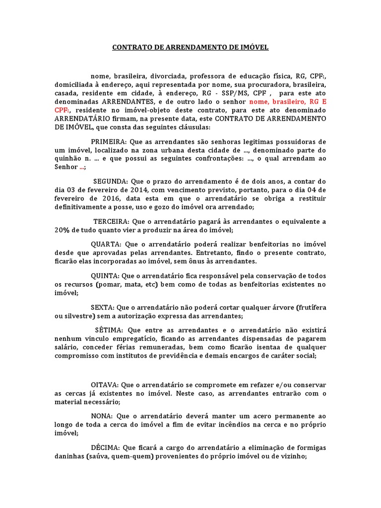 Modelo - CONTRATO DE ARRENDAMENTO DE TERRA | PDF | Leasing