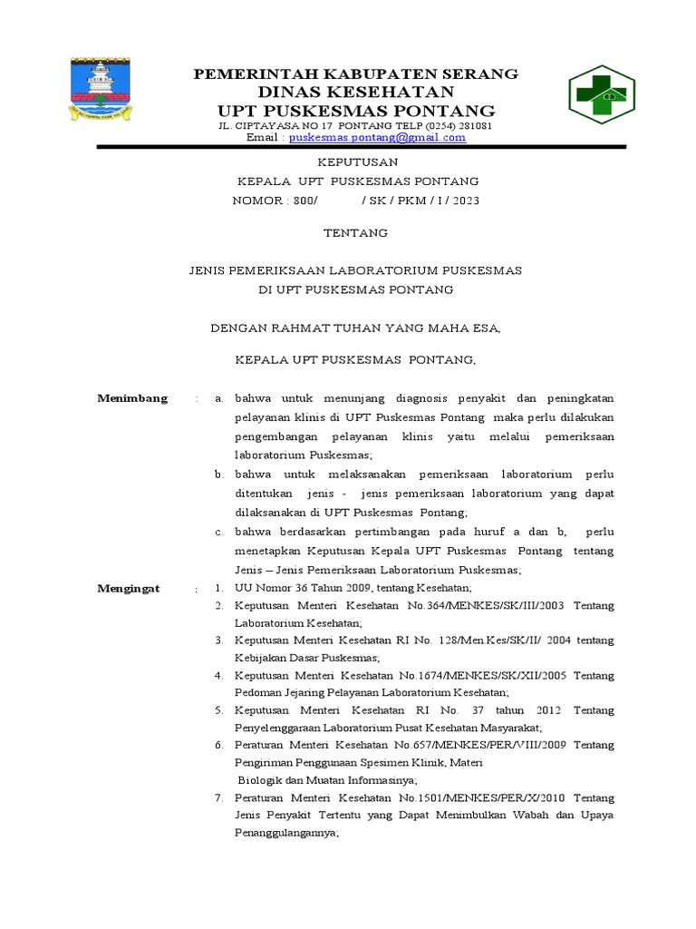 SK Jenis Pemeriksaan Laboratorium Puskesmas | PDF