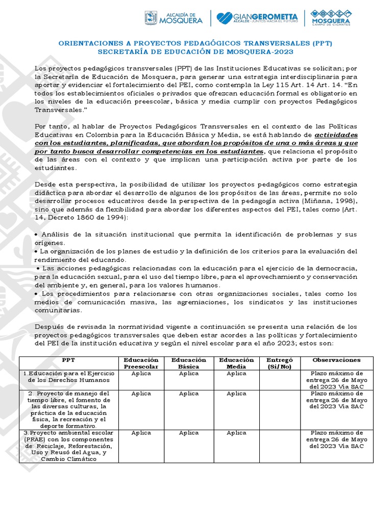 Proyectos Pedagógicos Transversales 2023 | PDF | Educación de la ...