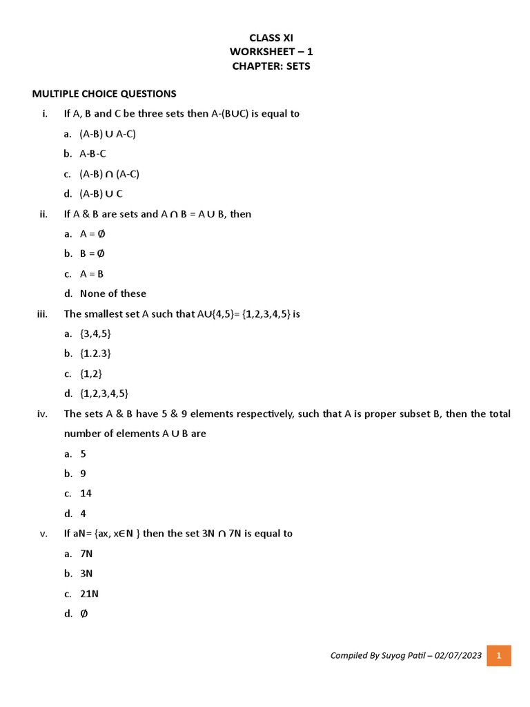 XI-Worksheet 1 (SETS) | PDF | Empty Set | Mathematics