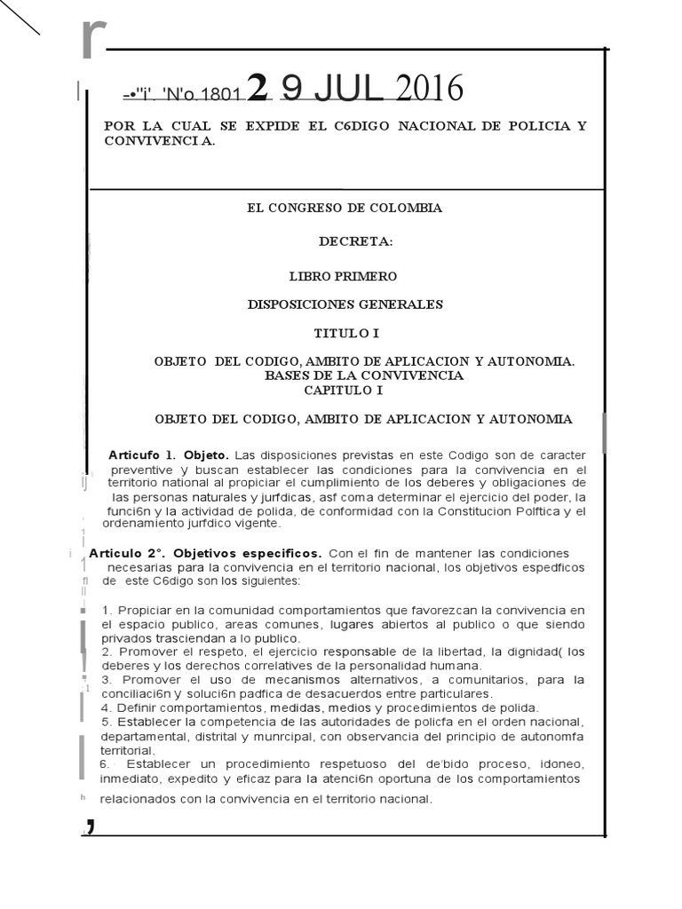 Ley 1801 Codigo Nacional Policia Convivencia | PDF | Libertad | Policía