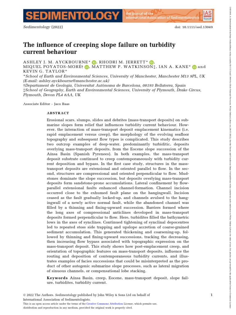 Ayckbourne Etal 2022 Influence Creeping Slope Failure Turbidity Current ...