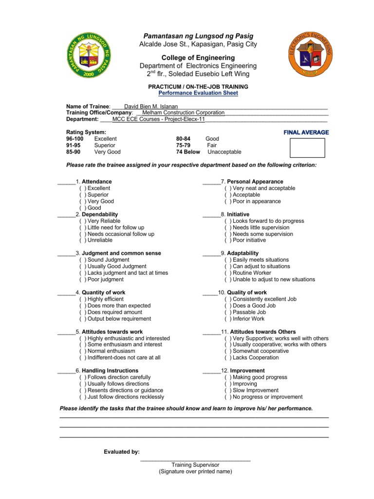 Islanan Ojt Evaluation Sheet Pdf Cognition Behavior Modification