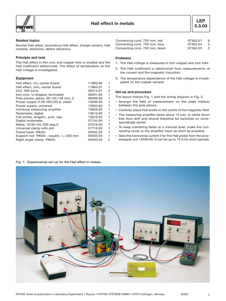 PHYWE 5.3.03 Hall Effect in Metals | PDF | Amplifier | Electronic ...