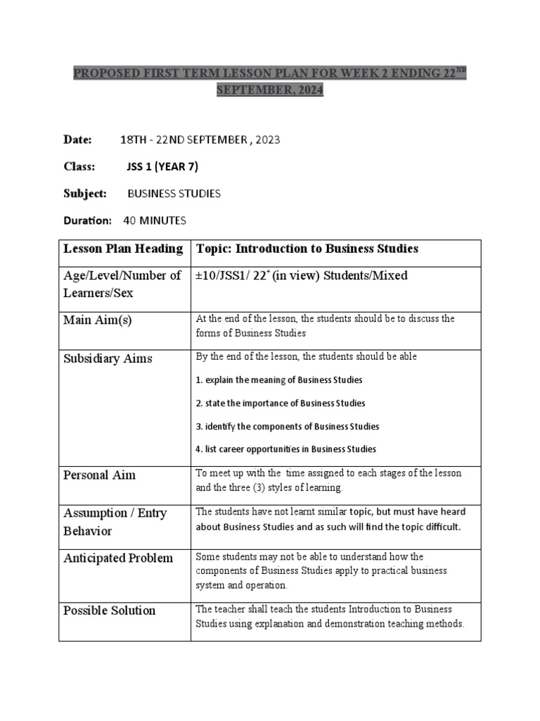 Yr 7 B.stud 1st Term WK 2 Plan | PDF | Lesson Plan | Teachers