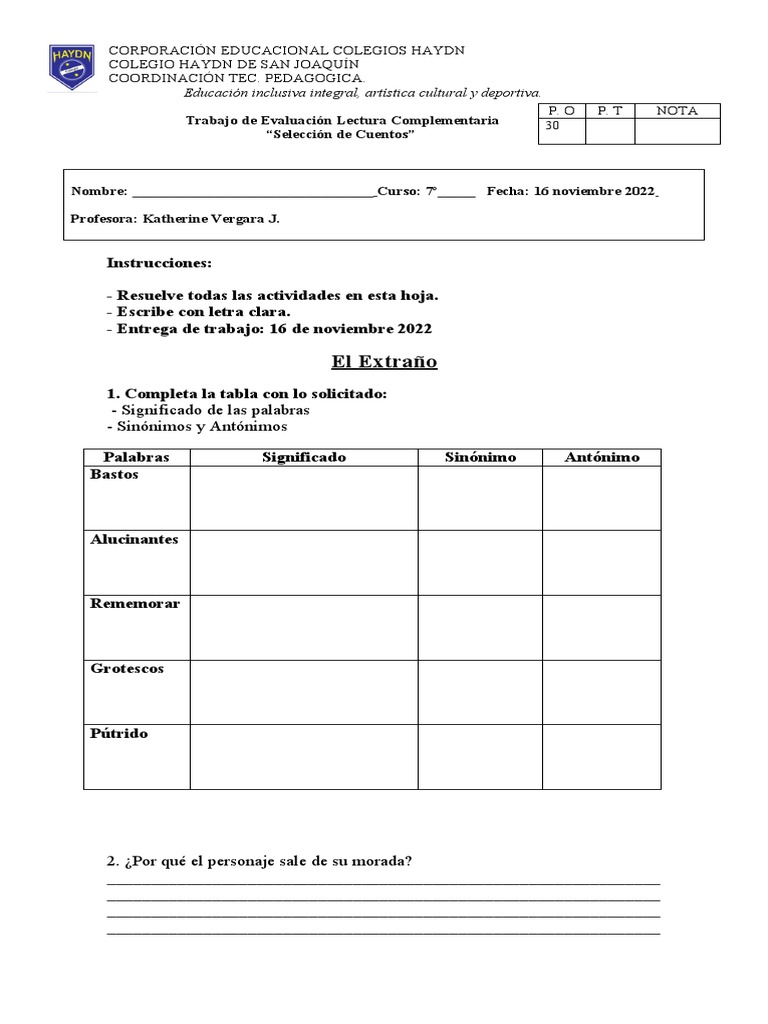 Trabajo de Evaluación - Selección de Cuentos - 7° Básico | PDF