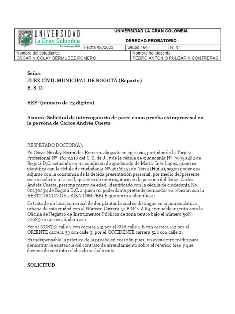Trabajo Interrogatorio de Parte | PDF | Bogotá