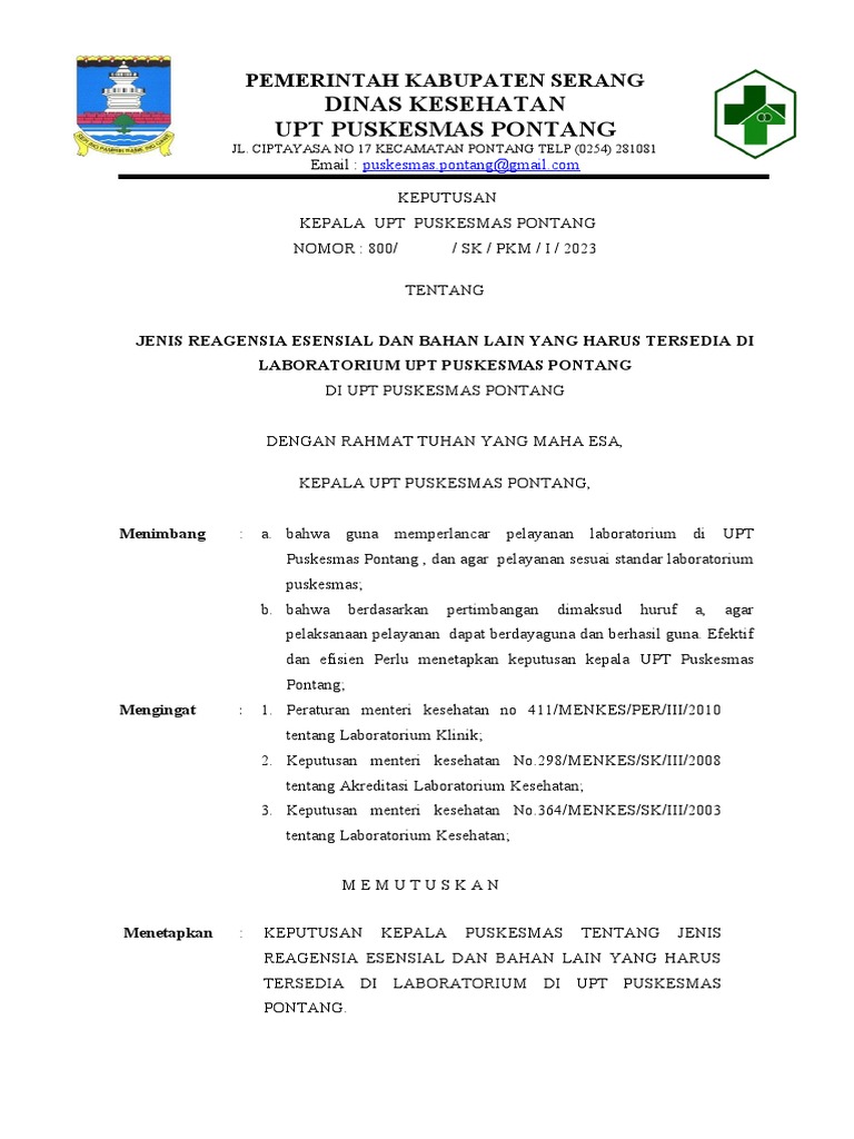 SK Jenis Reagensia Esensial Dan Bahan Lain Yang Harus Tersedia Di ...