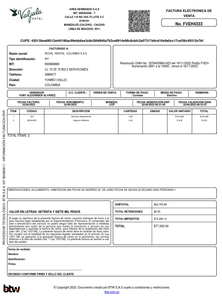 Factura Electrónica Hospedaje | Descargar gratis PDF | Factura
