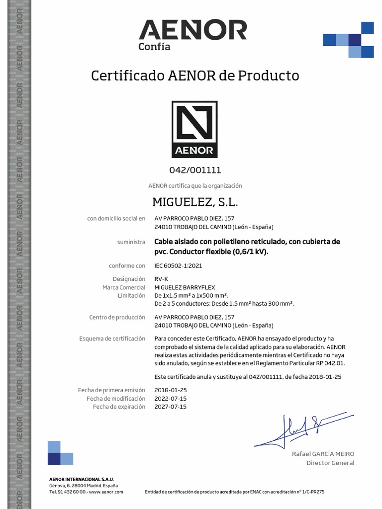 Certificado AENOR: Cables MIGUELEZ S.L. | PDF | España | Organización ...