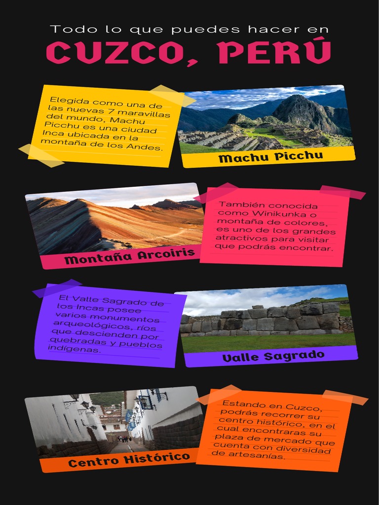 Infografía de Todo Lo Que Puedes Hacer en Cuzco Perú Turismo Colorido | PDF