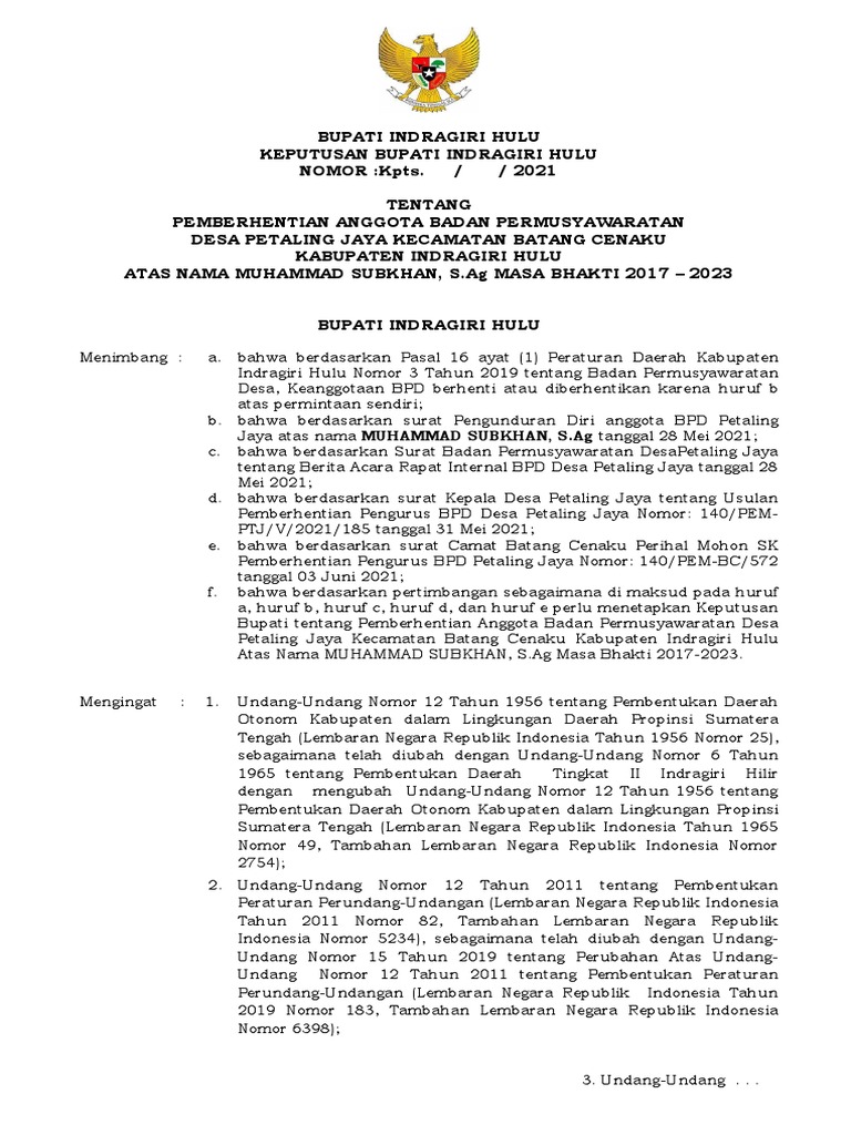 Contoh SK Pemberhentian Anggota BPD | PDF