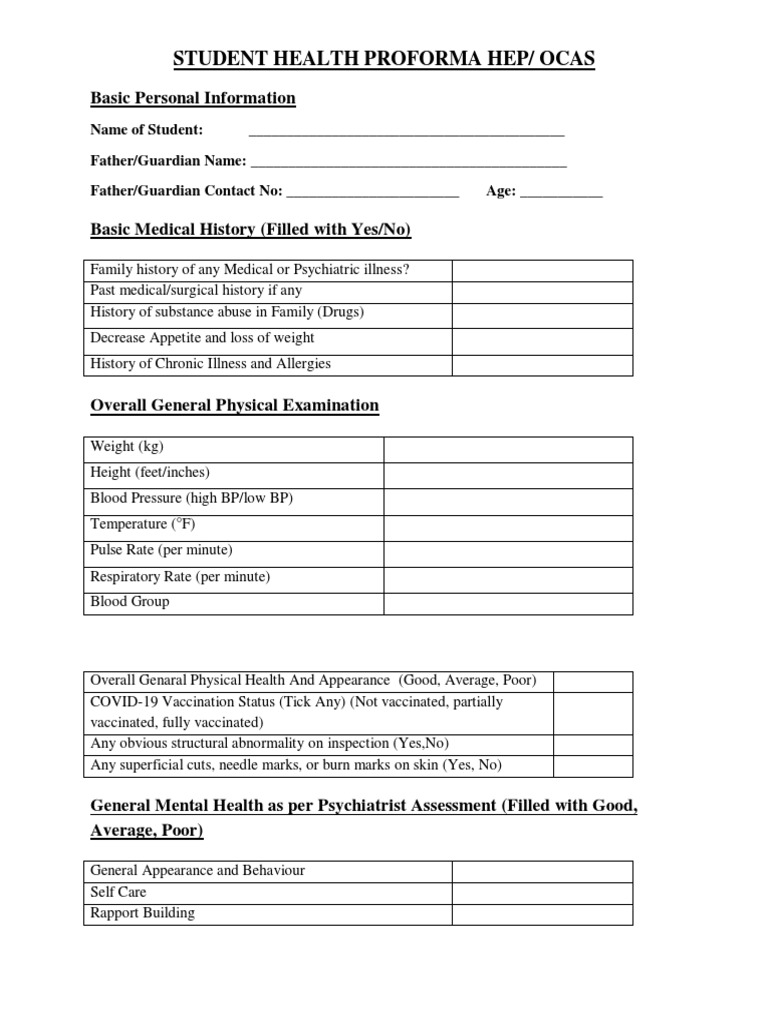 Student Health Proforma Overview | PDF | Self-Improvement
