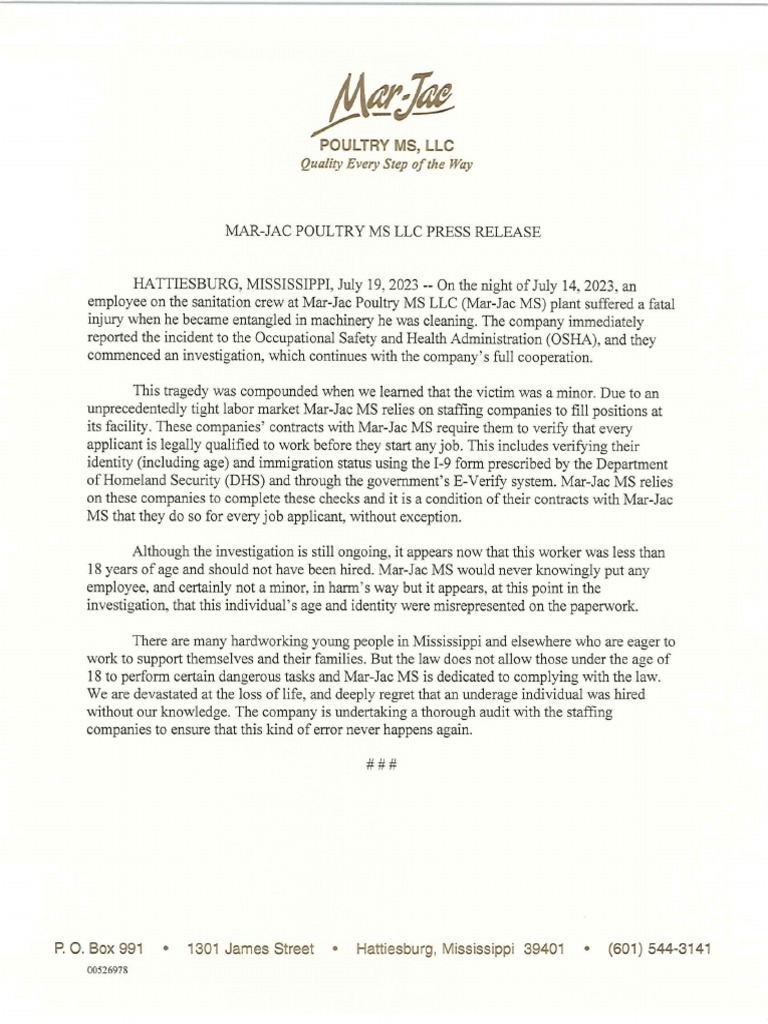 Mar-Jac Poultry MS LLC Press Release | PDF