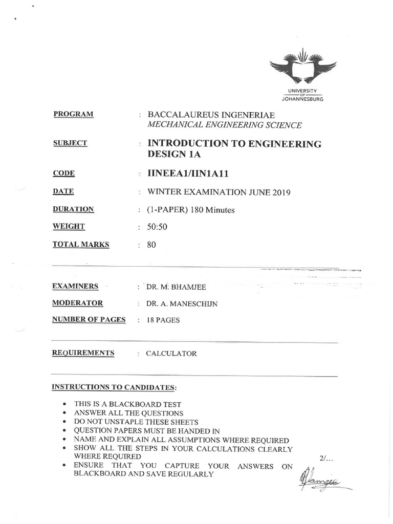 Intro To Eng Design 1A (IINEEA1) 2019 Exam | PDF