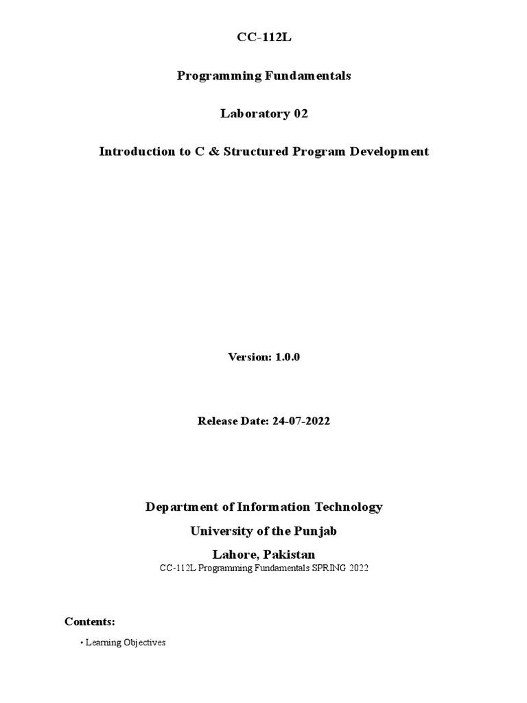 CC-112L Programming Fundamentals Laboratory 02 Introduction To C & Structured Program ...